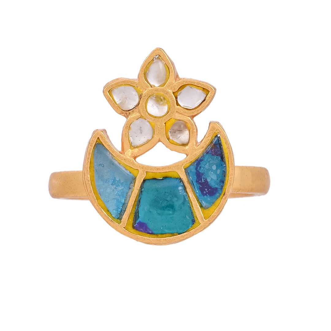 Gold Plated Sterling Silver Star Moon Ring: Blue & White Celestial ...