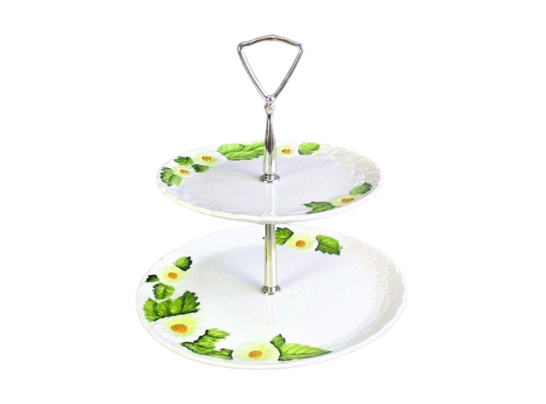 Lefton Rustic Daisy Two Tier Tidbit Tray Porcelain Basket Weave Floral ...