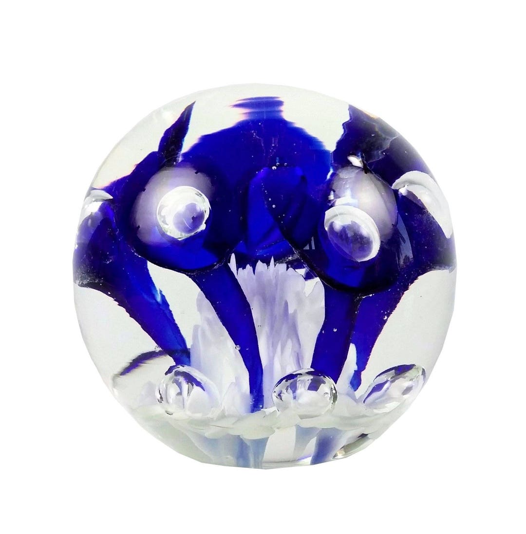 Joe St Clair Glass Cobalt Blue Floral Paperweight W Controlled Bubbles ...