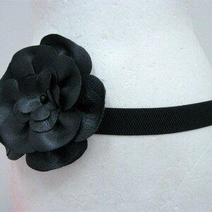 Black Leather Belt Flower Stretch Belt Black Belt Genuine Italian ...