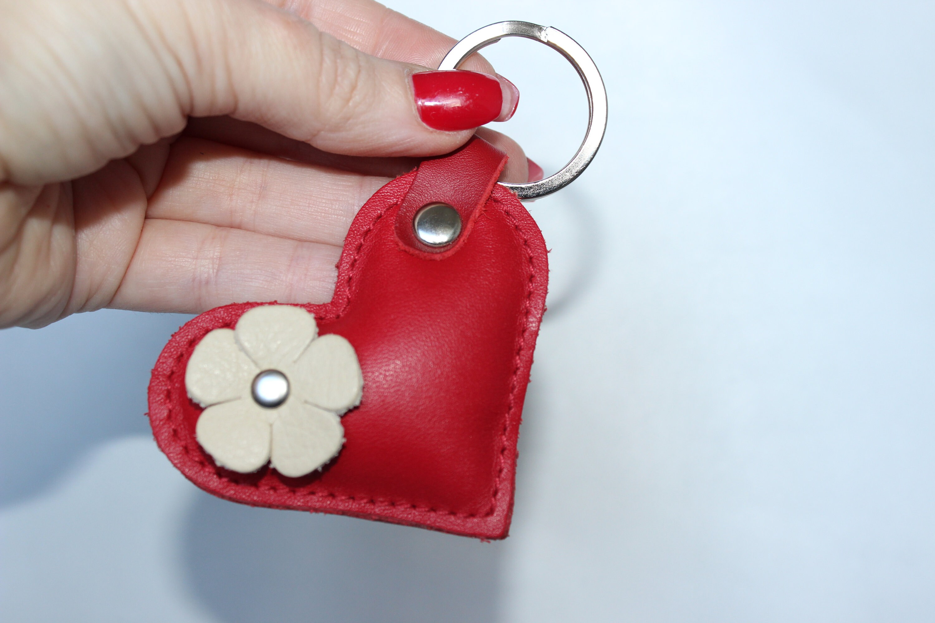 Leather heart Key chain Red Bag charm Key fob Gold Car | Etsy