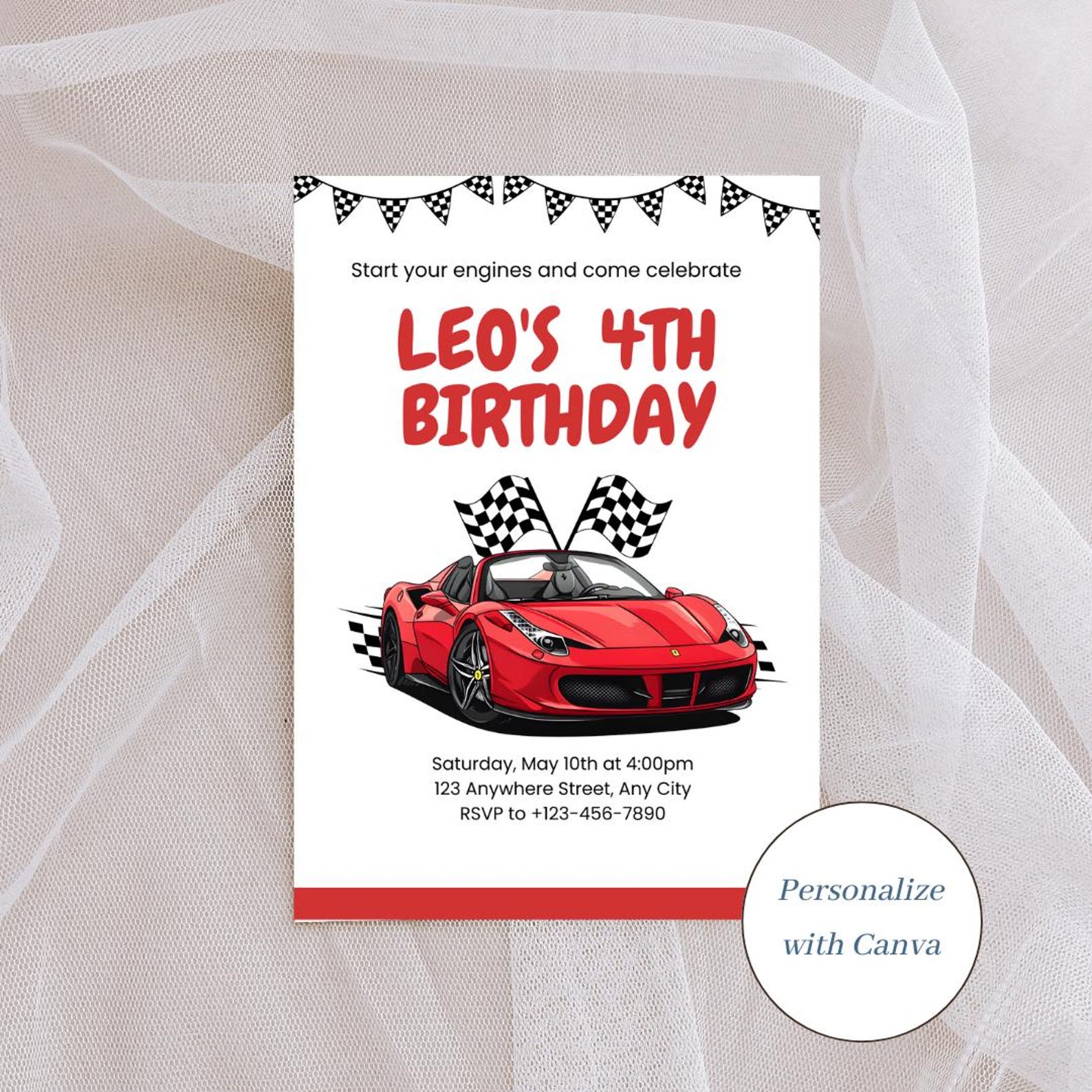 Ferrari Inspired Birthday Invitation, Boys Birthday, Racing Hot Wheels ...
