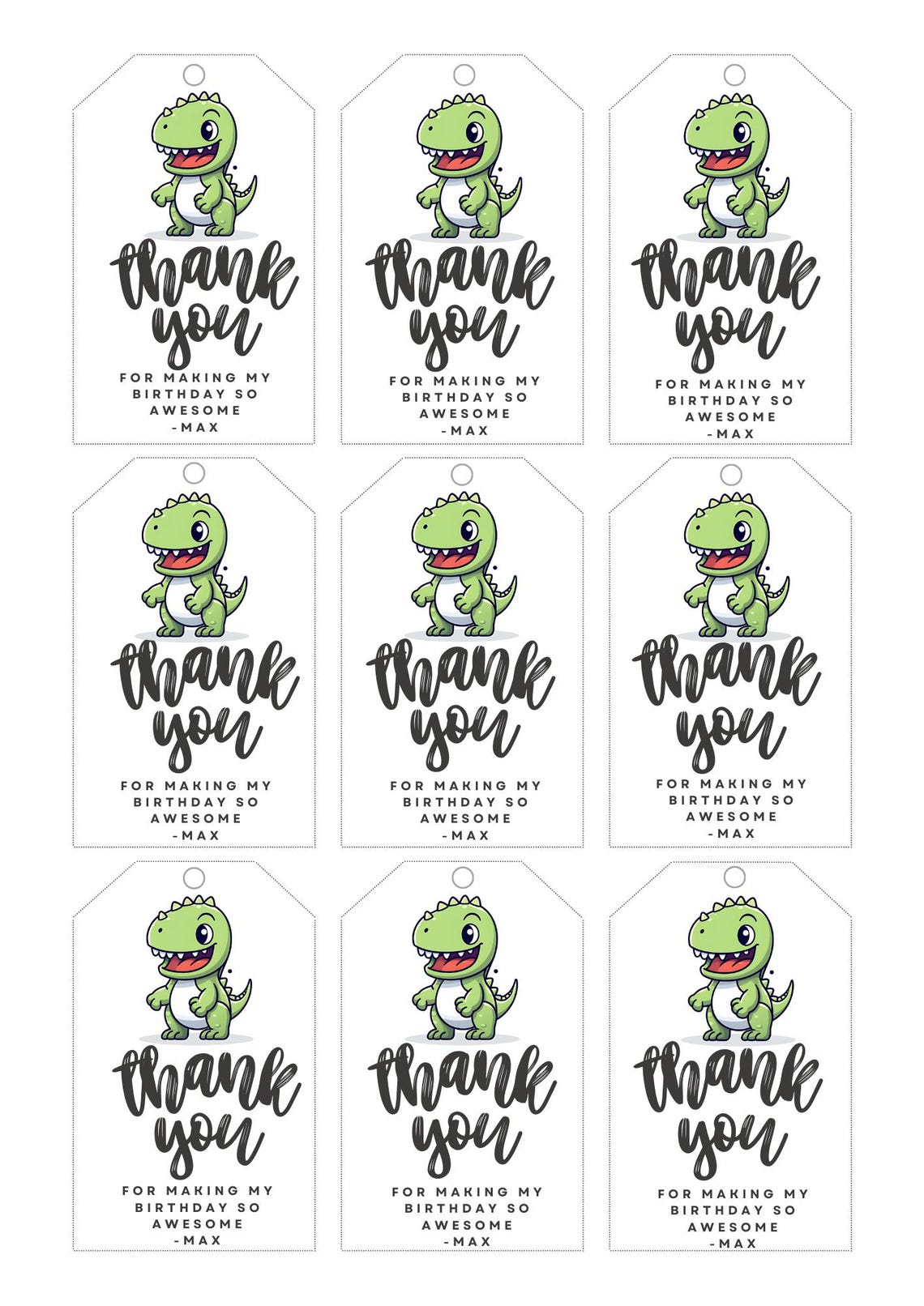 Printable Dinosaur Birthday Thank You Tag: Party Favor (digital ...