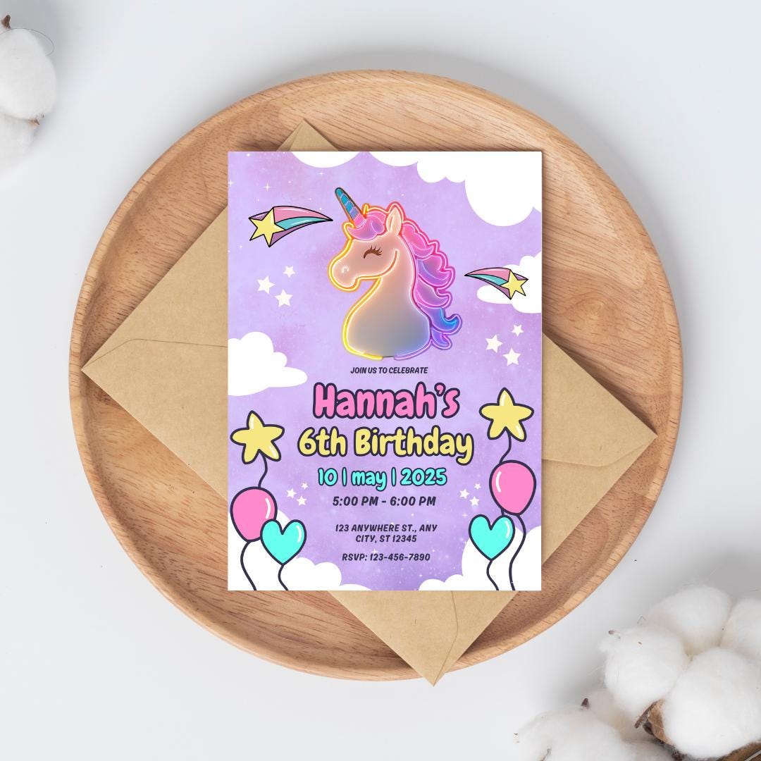Unicorn Birthday Party Invitation, Magical Purple Unicorn Party Neon ...