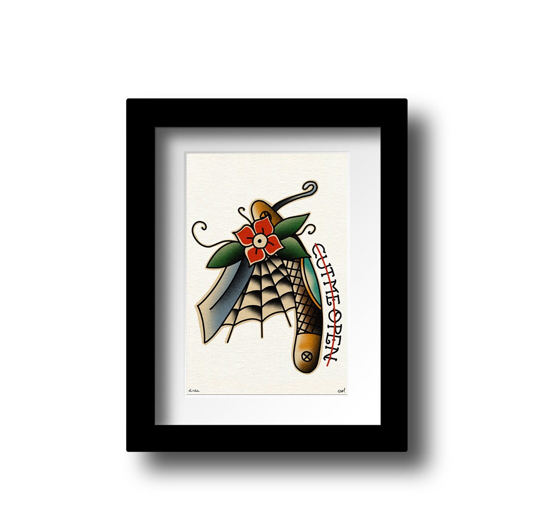 Cut Me Open Switchblade Knife Old School Traditional Tattoo Flash Print ...