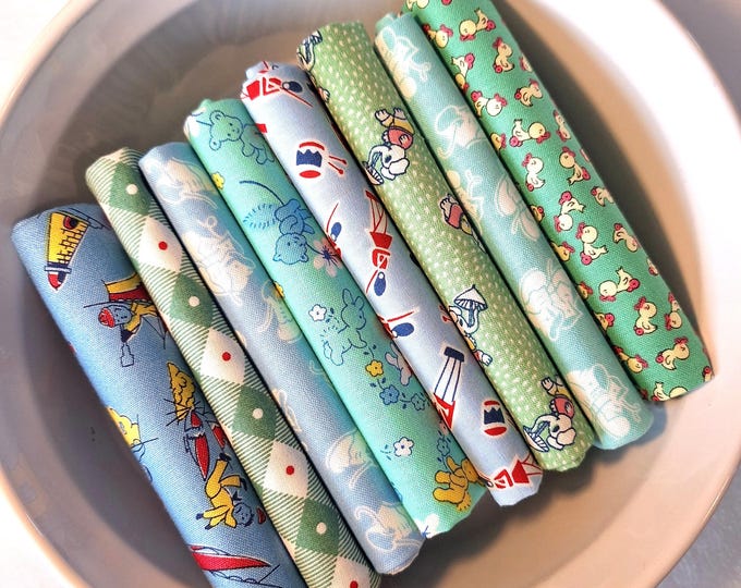 Reproduction 1930s Children's Fat Quarter Bundle - 8 Pieces - Blue ...