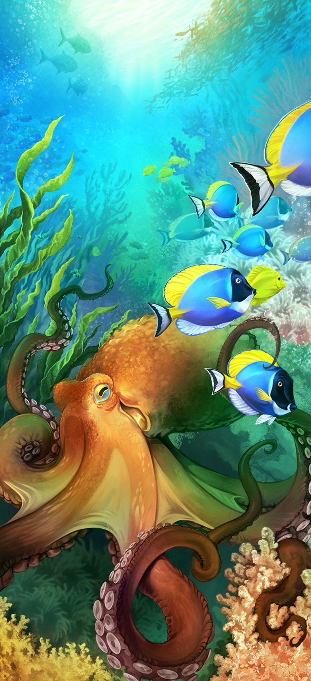 Octopus and Blue Tang Art Print Ocean Scene - Etsy