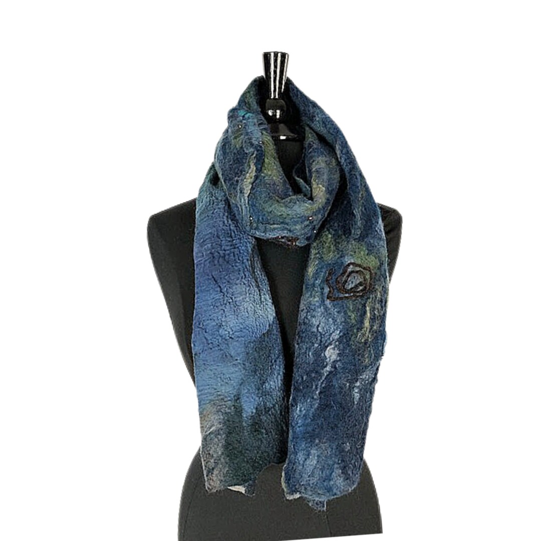 Denim Blue Green Felt Scarf, Blue Felted Wrap, Nuno Felted Scarf ...