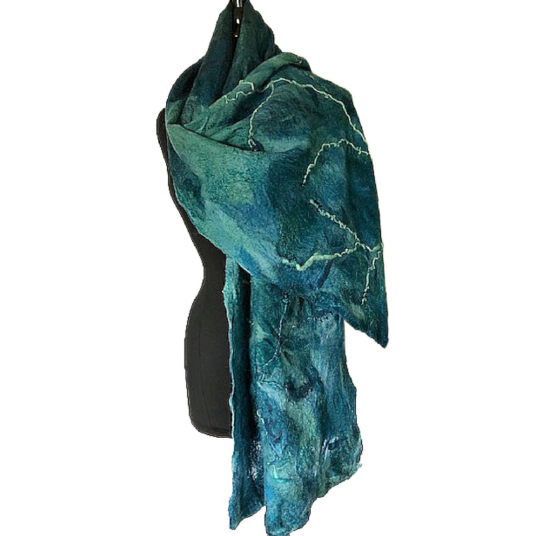 Blue Green Felted Scarf, Silk Felted Wrap, Blue Green Nuno Scarf, Gifts ...