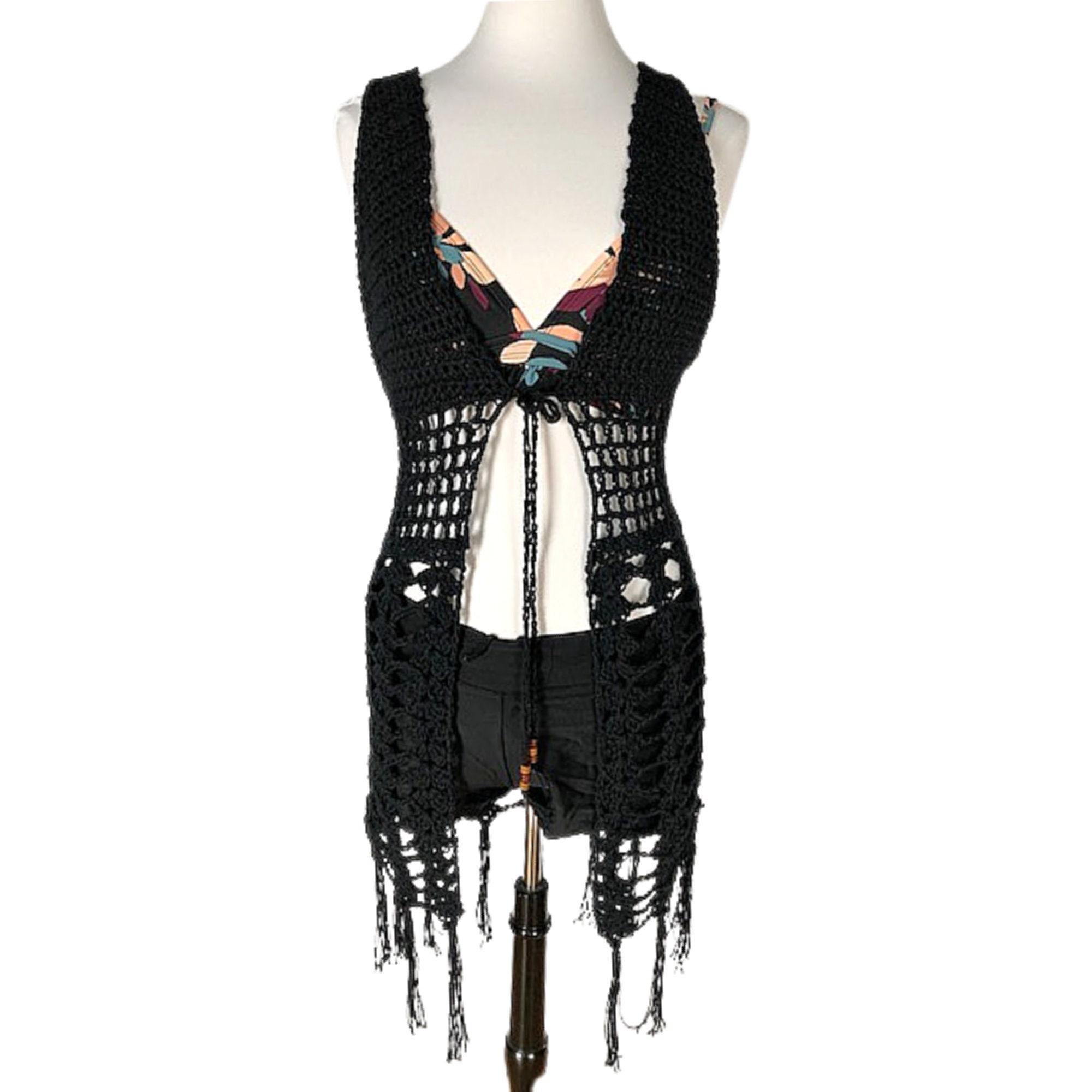 Crocheted Beach Cover-up, Black Crochet Beach Dress, Boho Vest ...