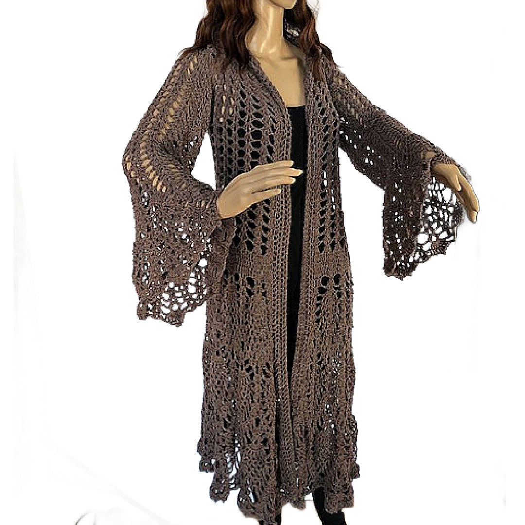 Cocoa Brown Crocheted Long Festival Sweater, Crocheted Festival Jacket ...