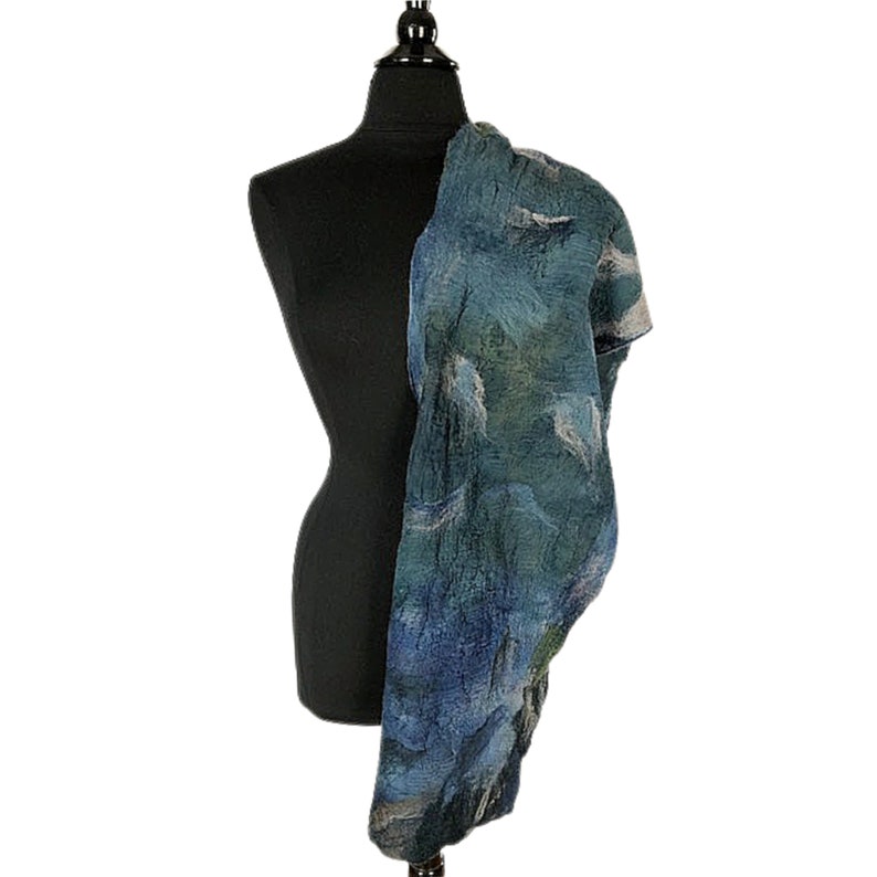 Denim Blue Green Felt Scarf, Blue Felted Wrap, Nuno Felted Scarf ...