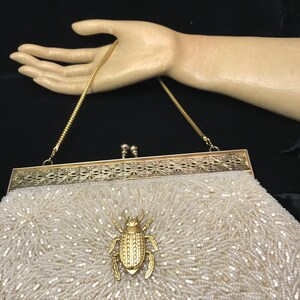 Gold Beetles on Vintage White Beaded Purse//gold Insects on White Purse ...