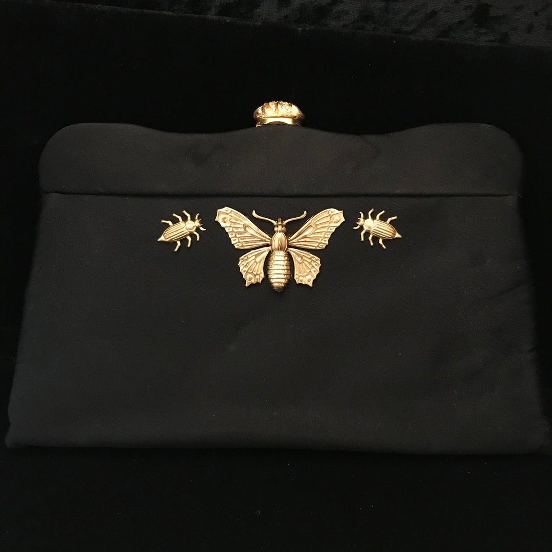 Gold Moth & Beetles on Vintage Black Satin Purse//gold Insects on Black ...