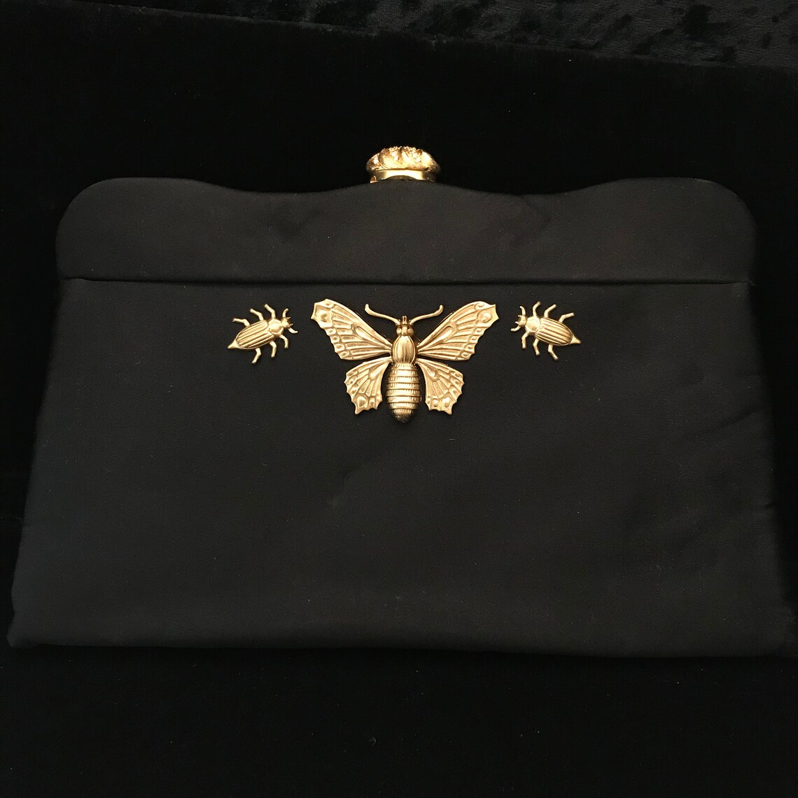 Gold Moth & Beetles on Vintage Black Satin Purse//gold Insects on Black ...