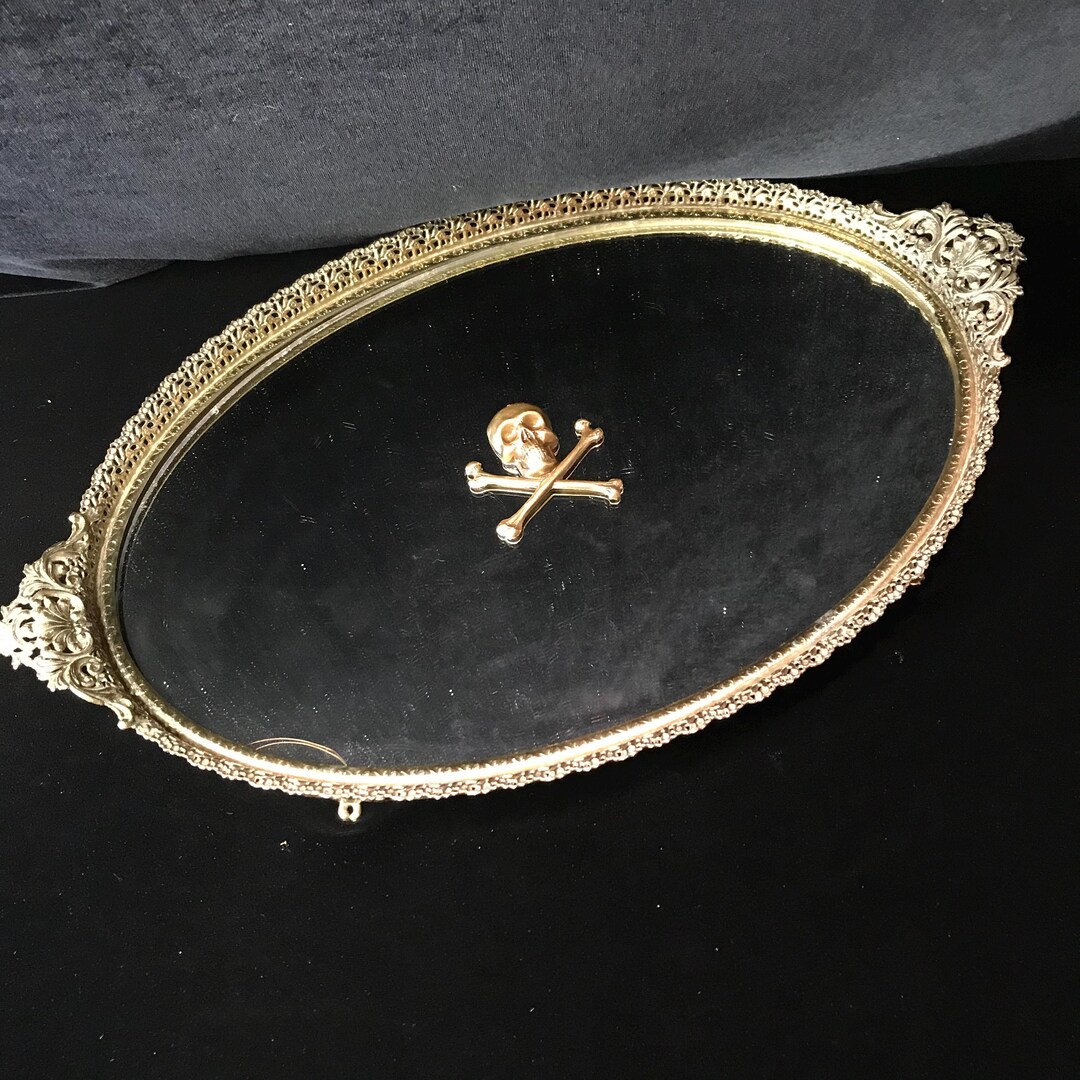 Skull on Vintage Mirror Vanity Tray//vintage Victorian Style Vanity ...