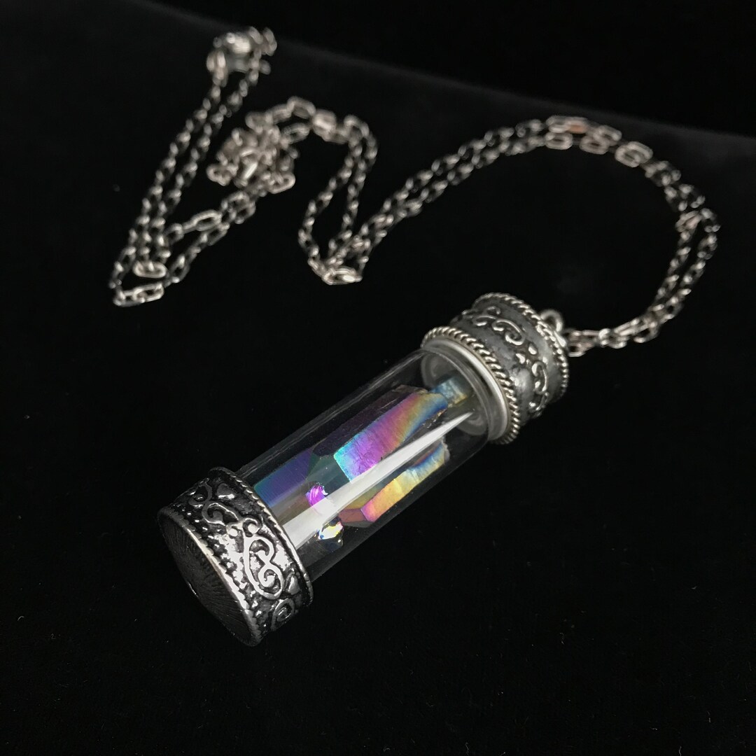Large Glass Vial W/ Iridescent Quartz Crystals Necklace//antiqued ...