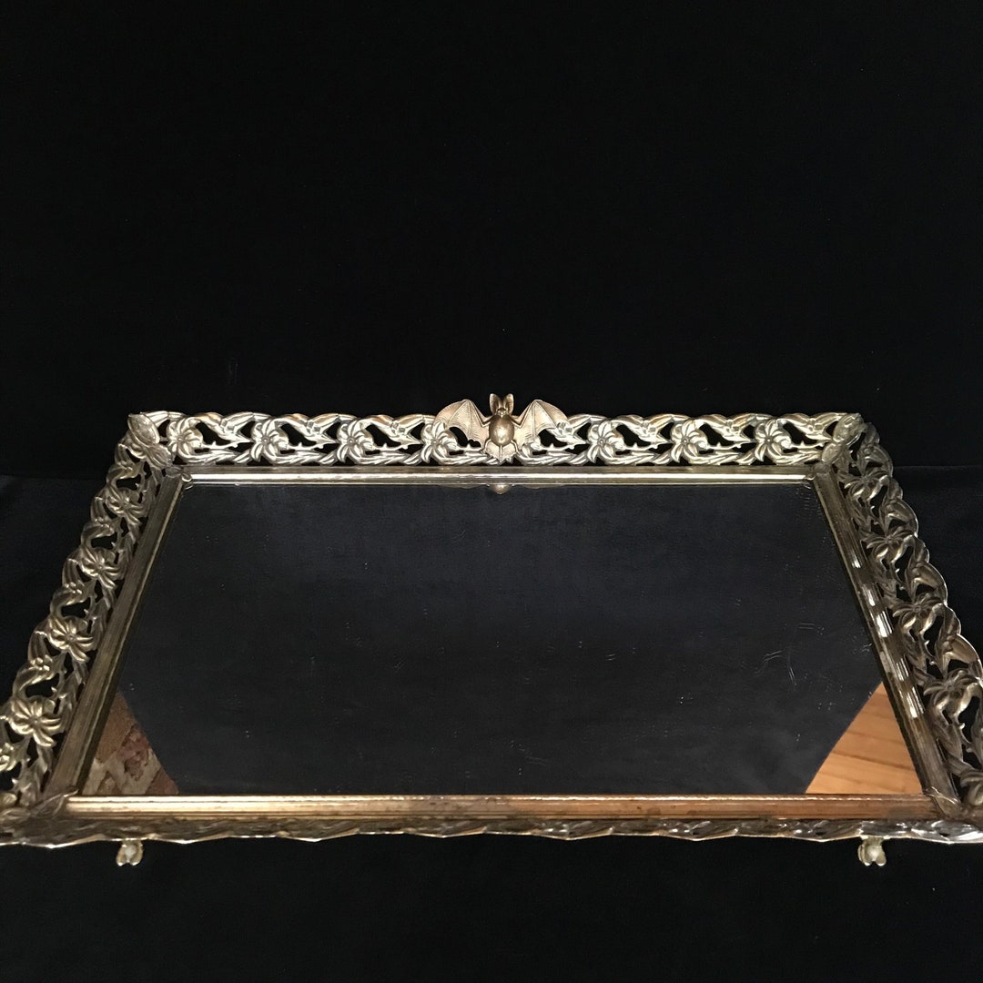 Bat on Long Vintage Mirror Vanity Tray//gold Brass Bat on Vintage ...
