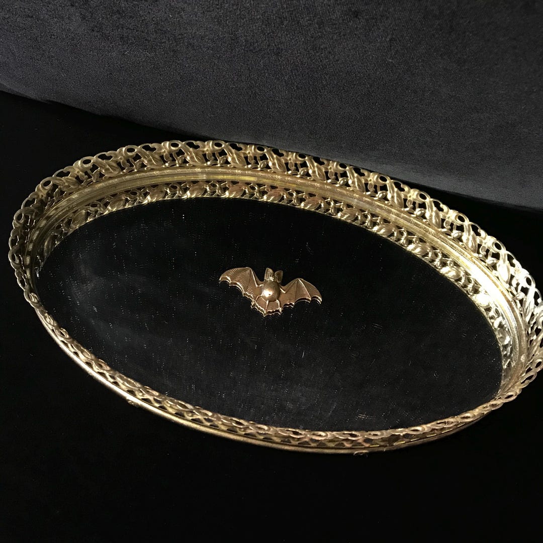 Bat on Vintage Mirror Vanity Tray//antiqued Brass Bat on Victorian ...
