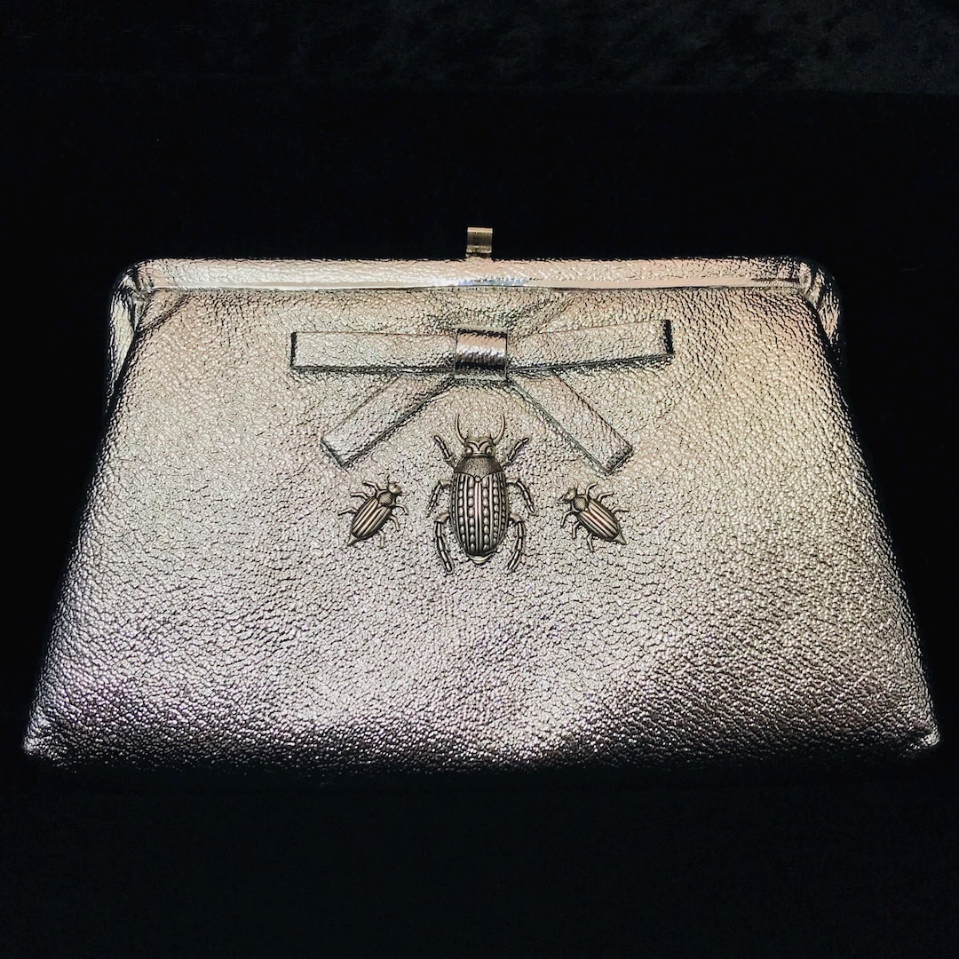 Silver Beetle on Vintage Metallic Silver Purse//silver Bug Purse//bug ...