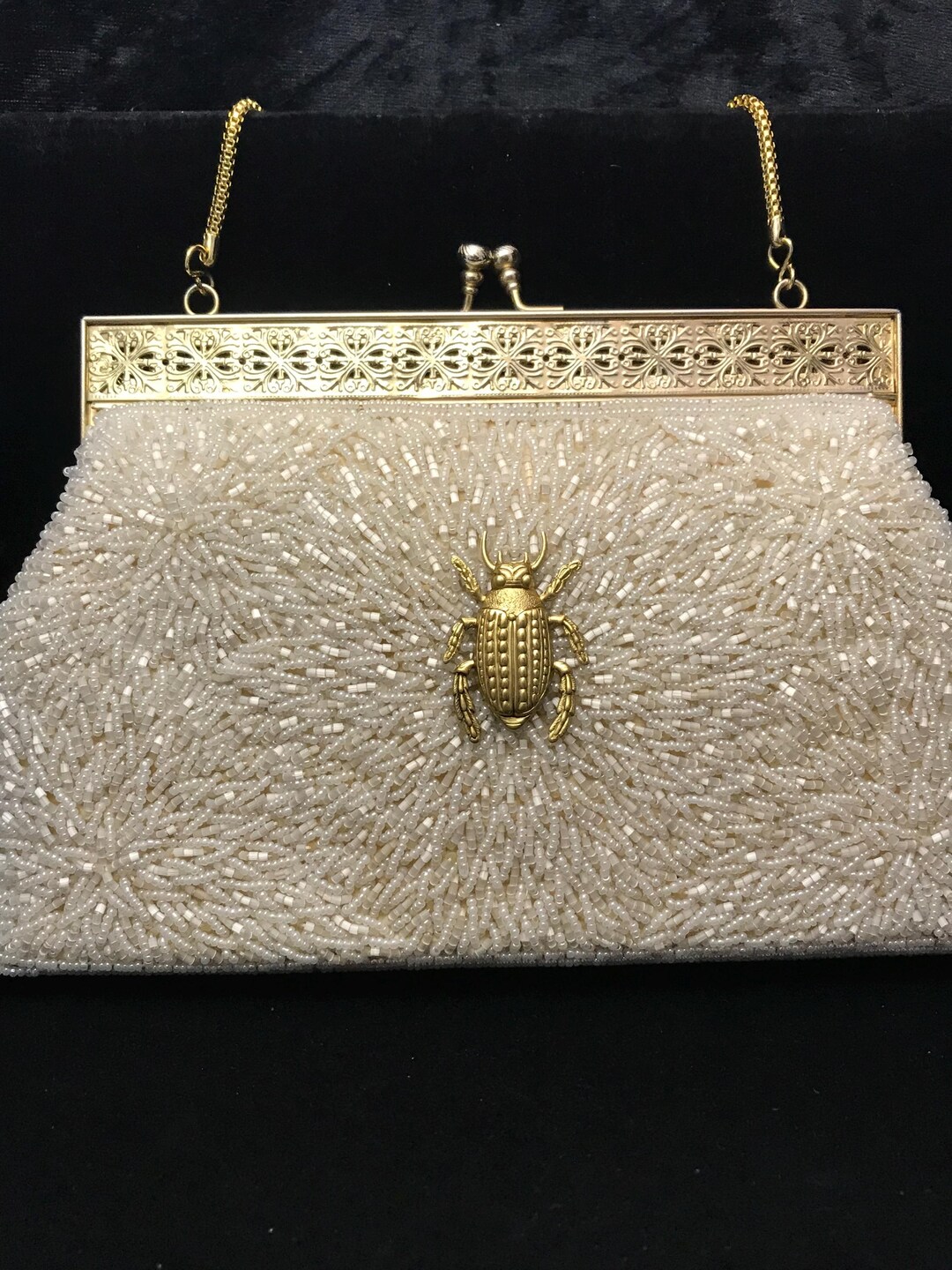 Gold Beetles on Vintage White Beaded Purse//gold Insects on White Purse ...