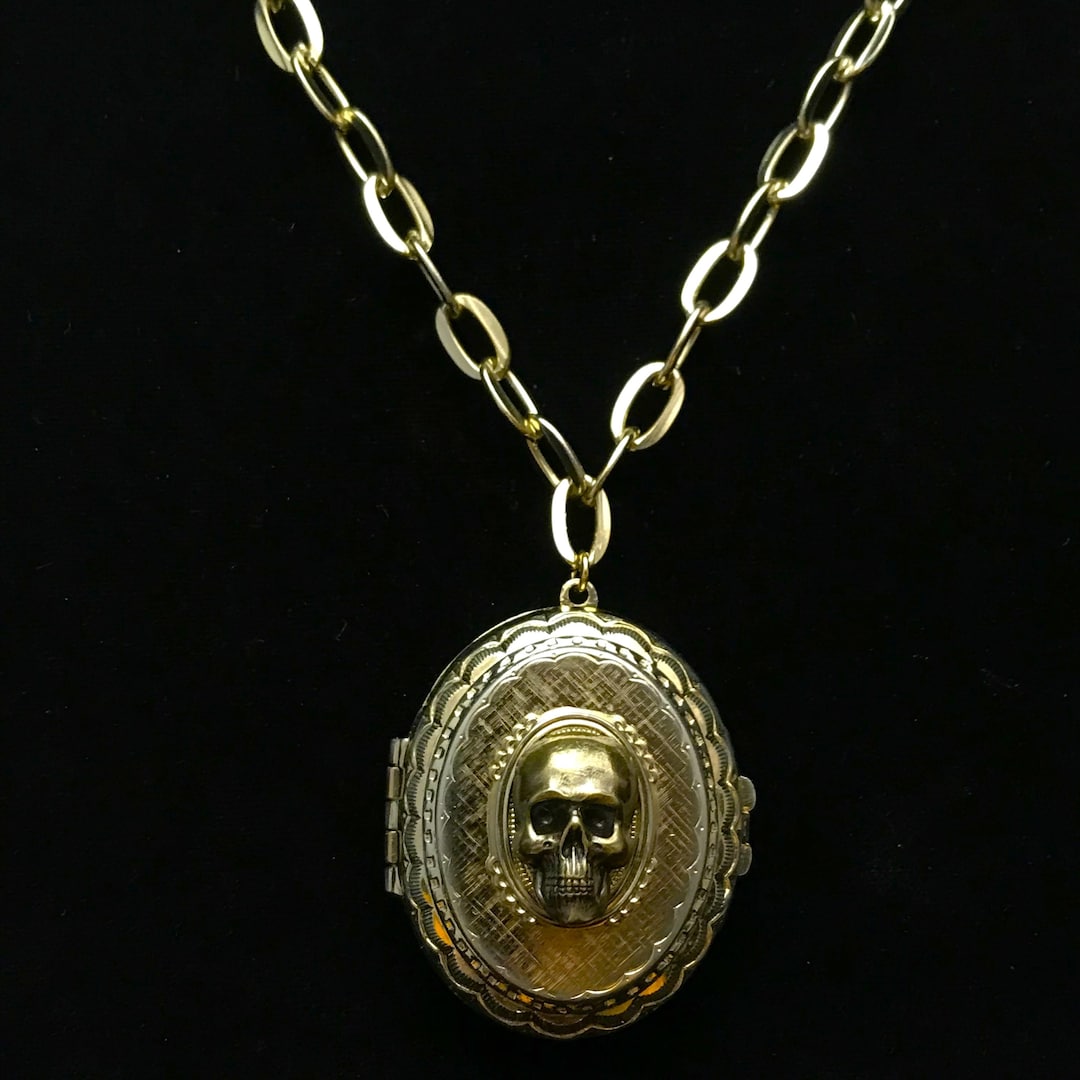 Large Skull Locket Necklace//skull on Vintage Gothic Locket Pendant ...