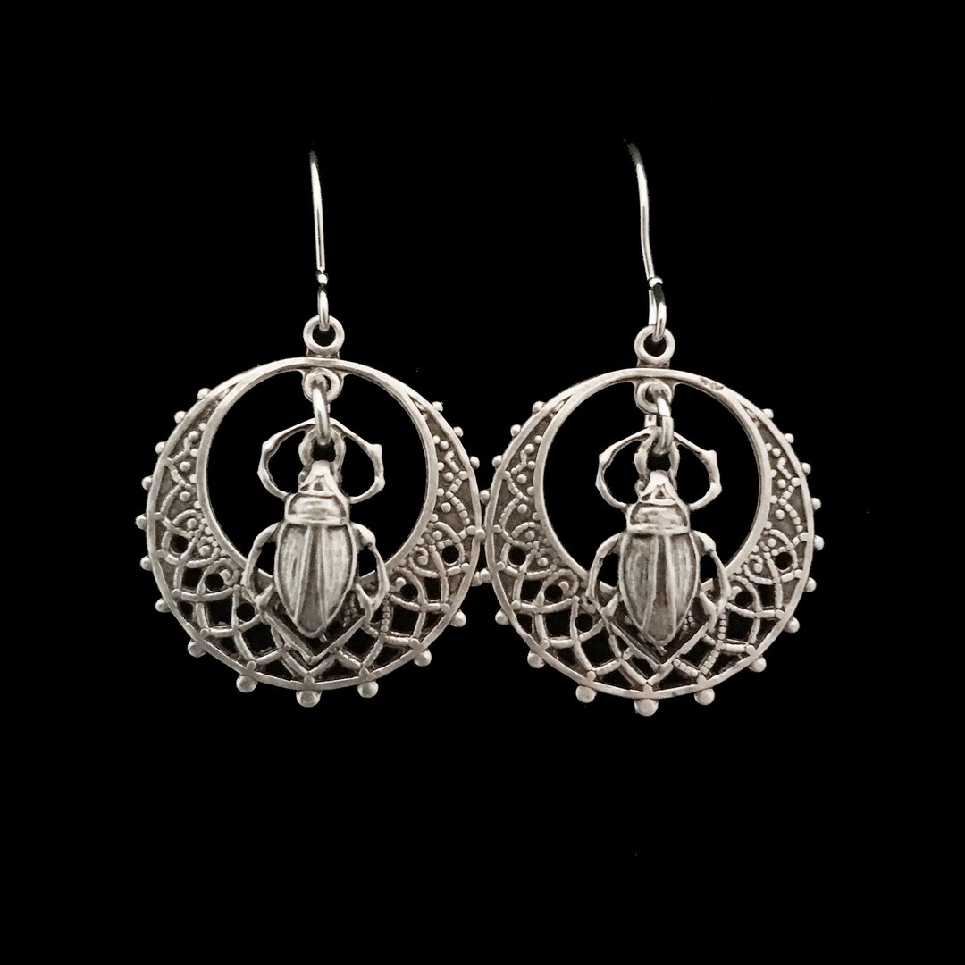 Silver Plated Beetle Filigree Hoop Earrings//beetle Earrings//scarab ...