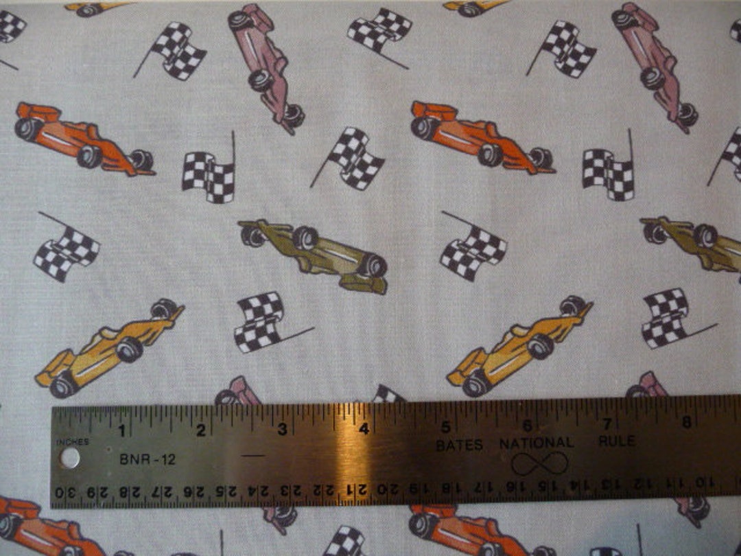 Tossed RACE CARS and CHECKERED Flags Fabric, 1 Yard, 44/45 Wide, 100% ...
