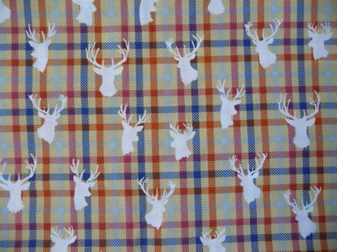 STAG HEAD With Marzipan Check Plaid Background Fabric 1 Yard - Etsy