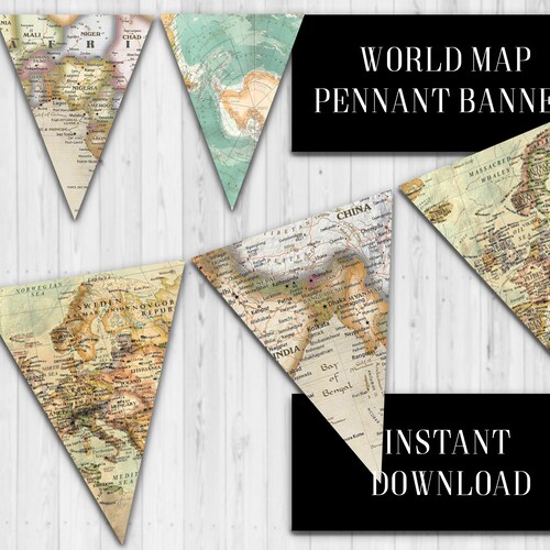 World Map Pennant Banner Vintage World Map Banner Classroom - Etsy