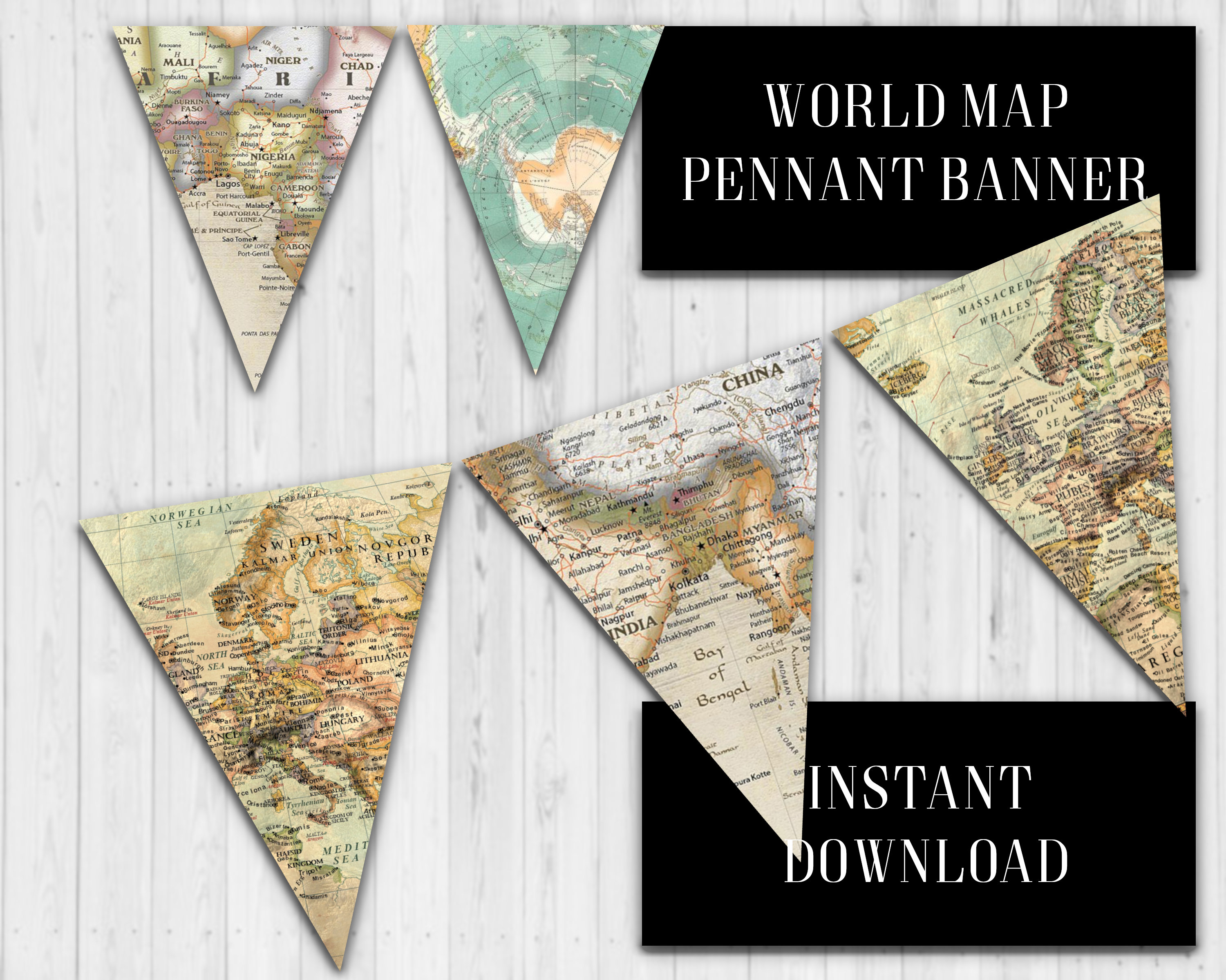 World Map Pennant Banner Vintage World Map Banner Classroom - Etsy