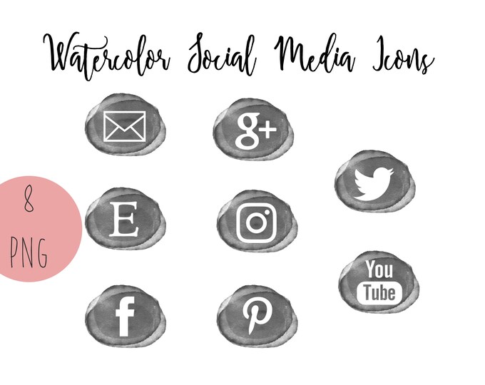 Gray Watercolor Social Media Icons, Set of 8, Blog Buttons, Business ...