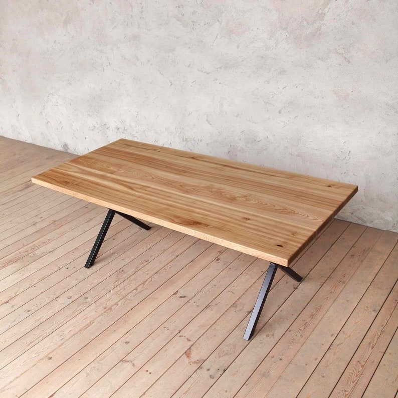 Bridge Solid Natural Ash Dining Table With Matt Black X Shaped | Etsy