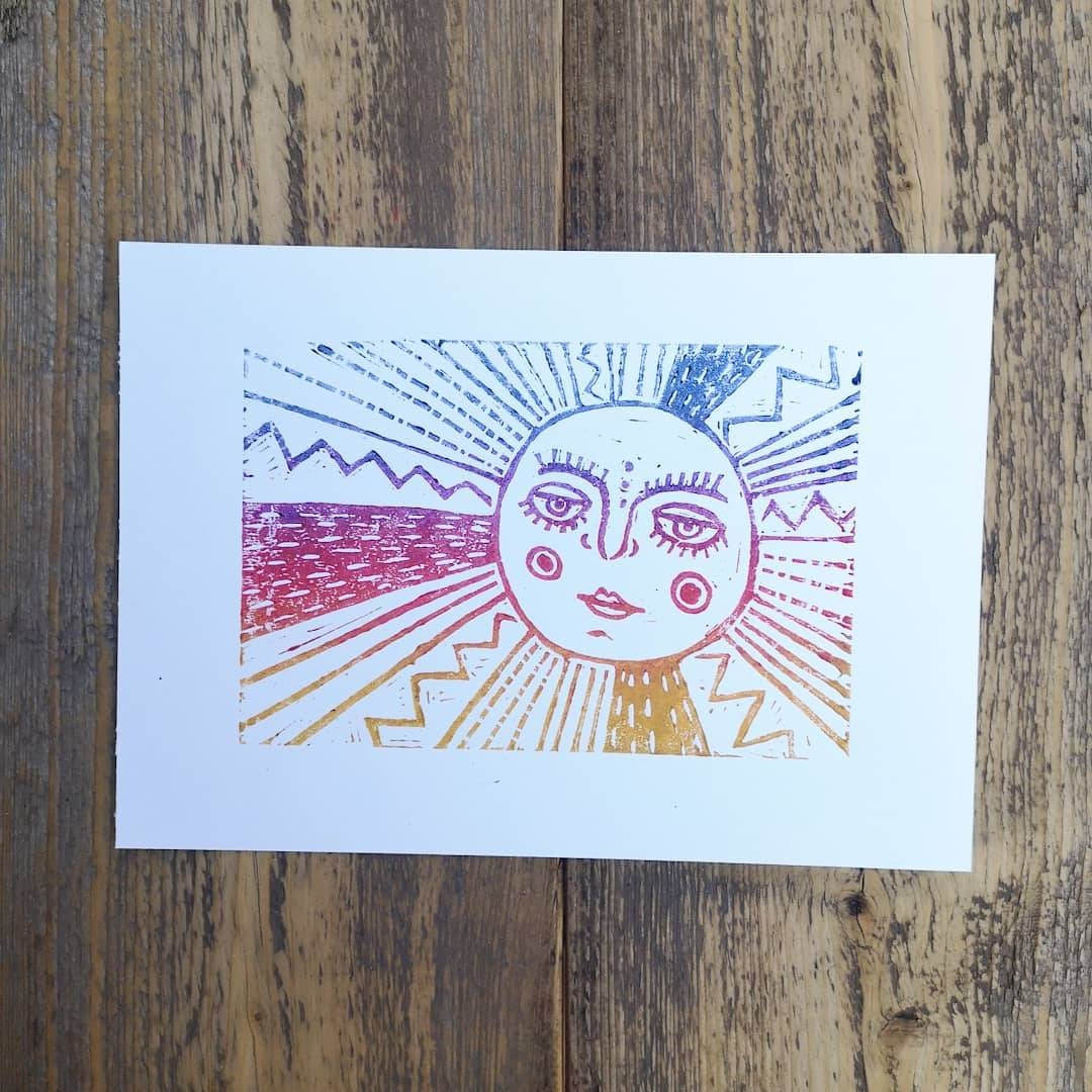 Sunshine Linocut Print in Rainbow - Etsy