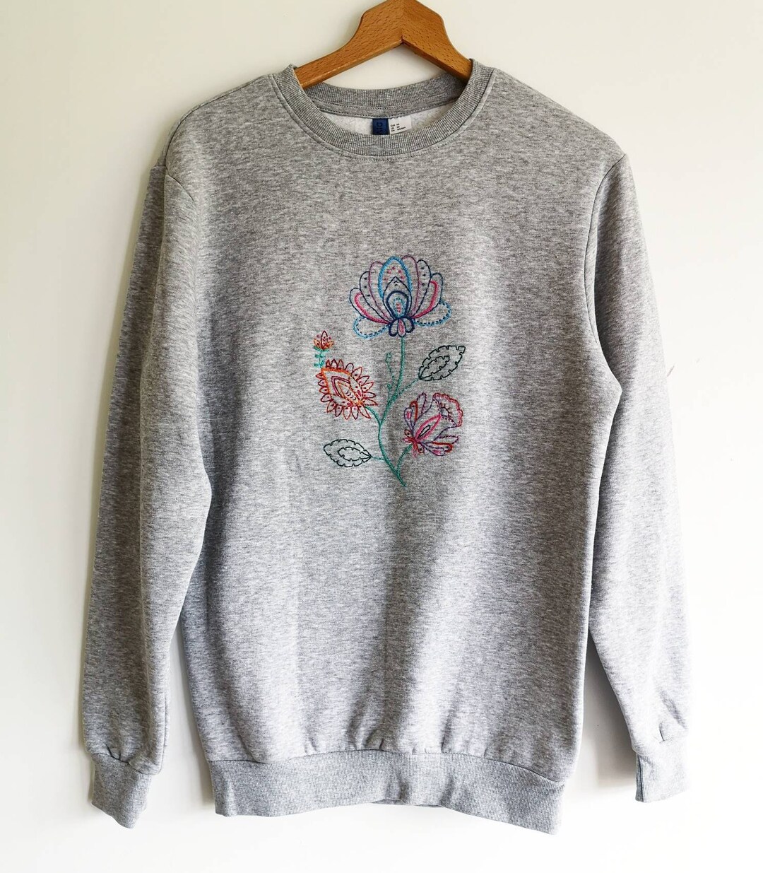 Light Grey Sweater With Hand Embroidered Floral Folk Art Design - Etsy