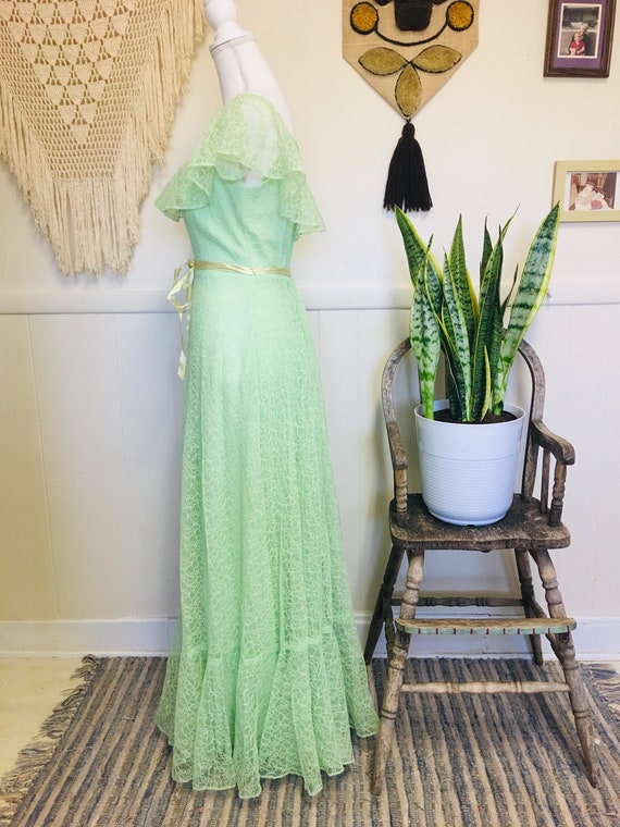 1970s Long Lace Dress Green Gown Gunnel Sax Style Rom… - Gem