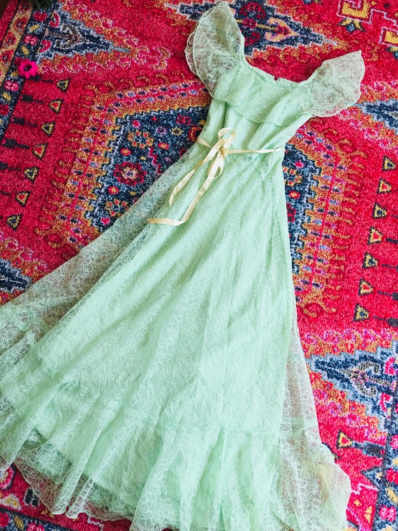 1970s Long Lace Dress Green Gown Gunnel Sax Style Rom… - Gem