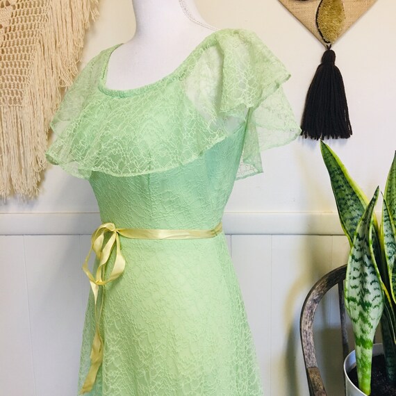 1970s Long Lace Dress Green Gown Gunnel Sax Style Rom… - Gem