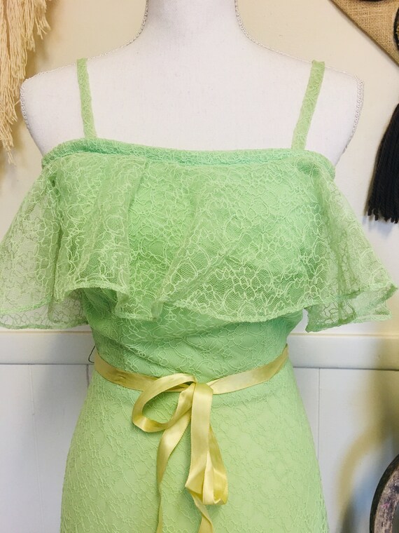 1970s Long Lace Dress Green Gown Gunnel Sax Style Rom… - Gem