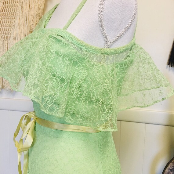 1970s Long Lace Dress Green Gown Gunnel Sax Style Rom… - Gem