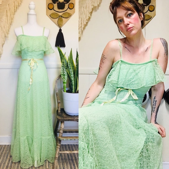 1970s Long Lace Dress Green Gown Gunnel Sax Style Rom… - Gem