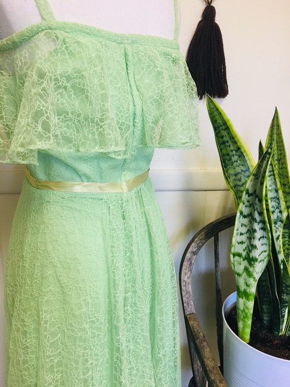 1970s Long Lace Dress Green Gown Gunnel Sax Style Rom… - Gem