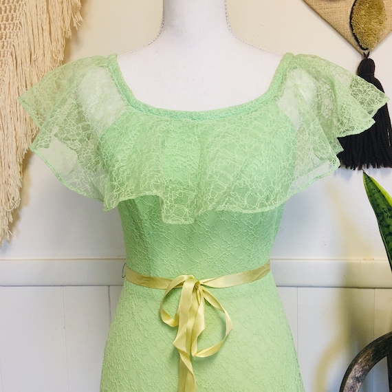 1970s Long Lace Dress Green Gown Gunnel Sax Style Rom… - Gem