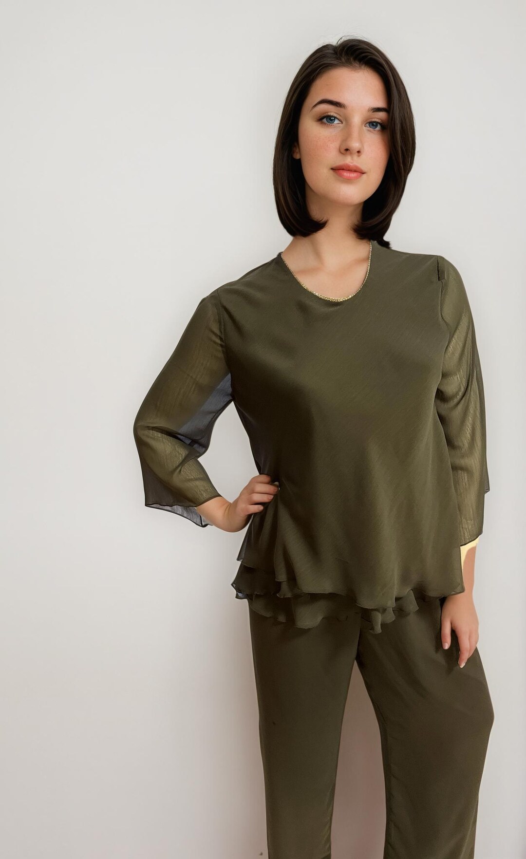 Tunic Plisse Chiffon ,bias Cut ,asymmetrical Triple Tiered Hem Flowy Bracelet Sleeve - Etsy