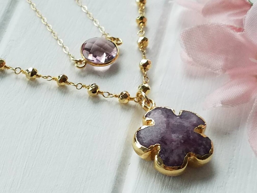 Purple and Gold Gemstone Necklace, Purple Flower Pendant, Dainty ...