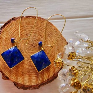 Gold Lapis Drop Earrings, Gold Lapis Dangle Earrings, Boho Lapis Lazuli Earrings, Dainty Lapis ...