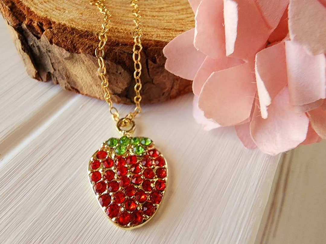 Pave Strawberry Necklace, Red Strawberry Pendant, Gold Strawberry ...