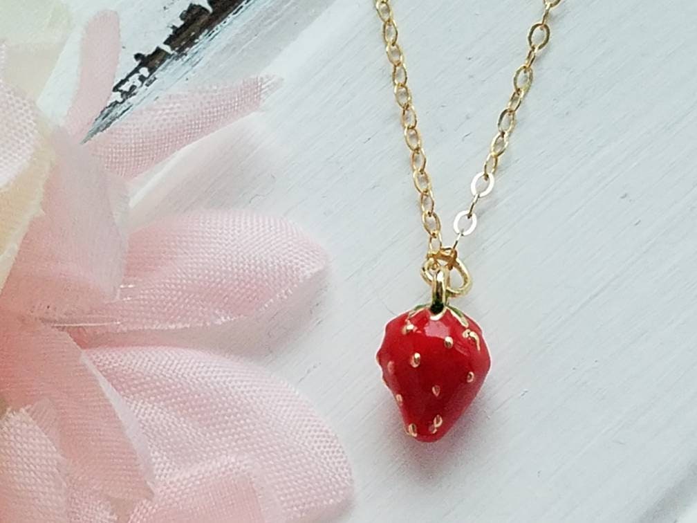 Red strawberry necklace Gold strawberry necklace Gold fruit | Etsy