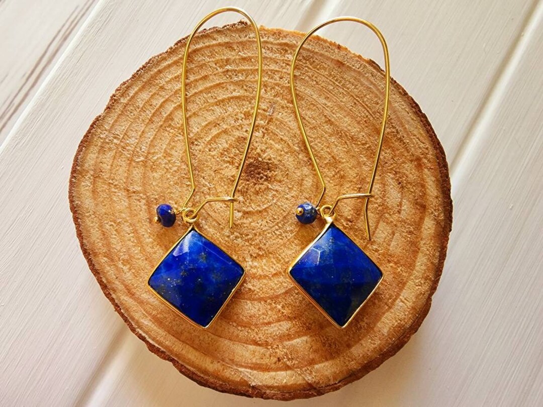 Gold Lapis Drop Earrings, Gold Lapis Dangle Earrings, Boho Lapis Lazuli Earrings, Dainty Lapis ...