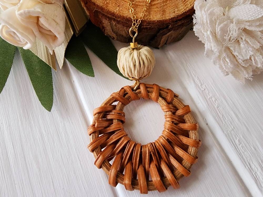 Handwoven Rattan Pendant Gold Rattan Necklace Neutral Boho - Etsy